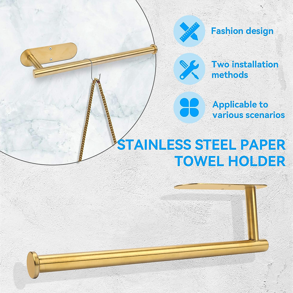 Gold Kitchen Paper Towels Holder Wall Mount Stainless Steel Paper Towel Holders Adhesive Under Cabinet Paper Towel Roll Rack for Kitchen, Bathroom