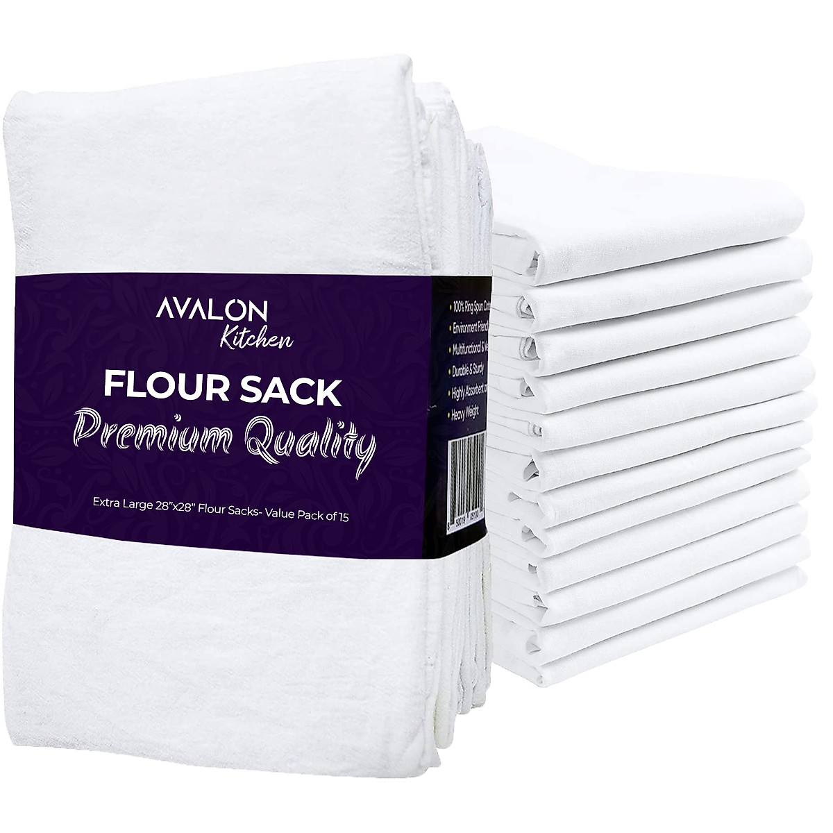 Avalon Flour Sack Towels Pack of 15 Size 28x28 Inches – 100% Ring Spun Cotton, Highly Absorbent Dish Towels for Drying Dishes, Durable Tea Towels for Kitchen, Multipurpose Flour Sack Dish Towels