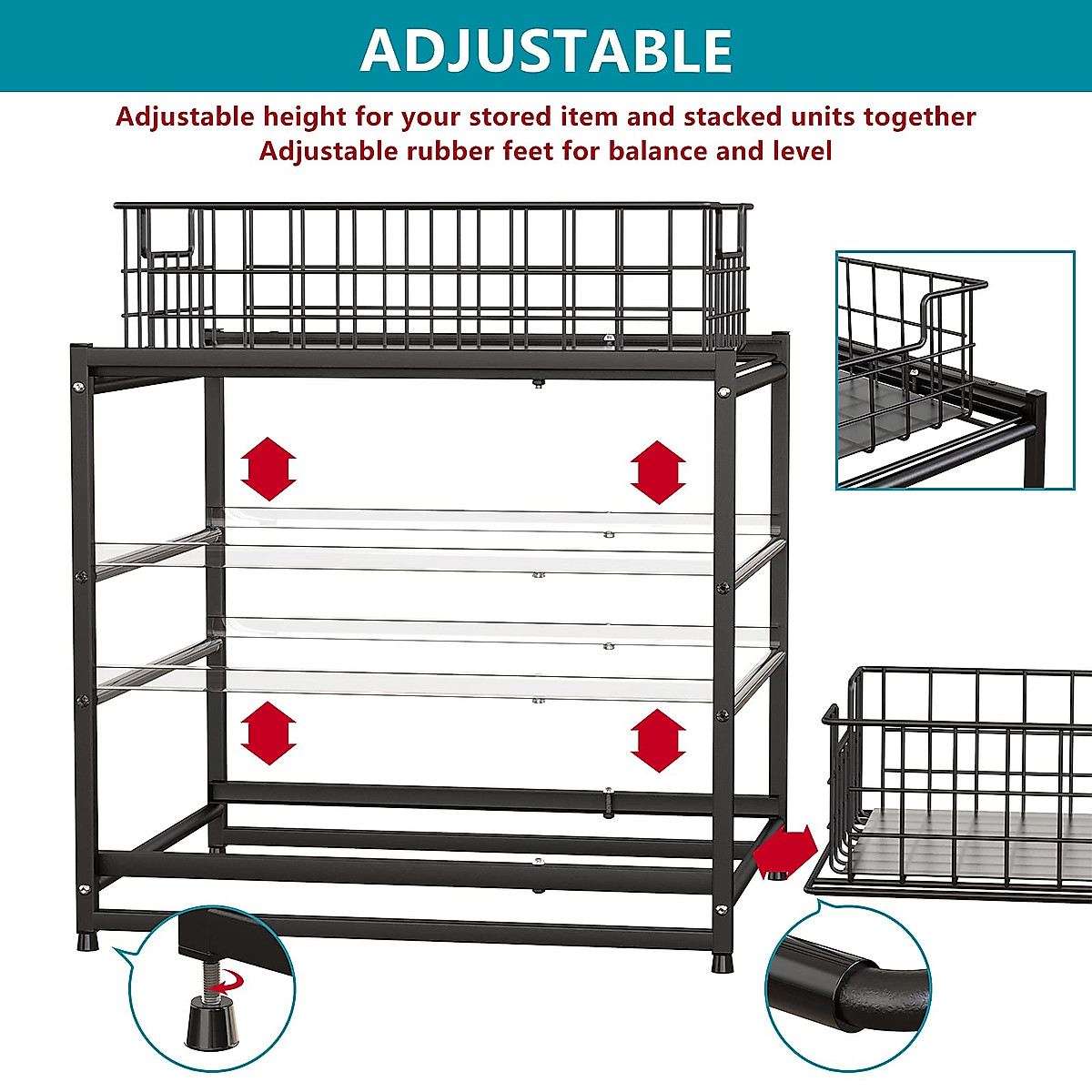 MaraFansie Under Kitchen Cabinet Sink Organizer and Storage with Sliding Drawer, Wider 2 Tier Stackable Basket Rack for Kitchen & Bathroom with Larger Capacity Heavy Duty, Black