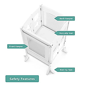 Guidecraft Classic Kitchen Helper® Stool - White with 2 Keepers and Non-Slip Mat: Foldable, Adjustable Height Safety Cooking Tower for Toddlers with Chalkboard and Whiteboard Message Boards