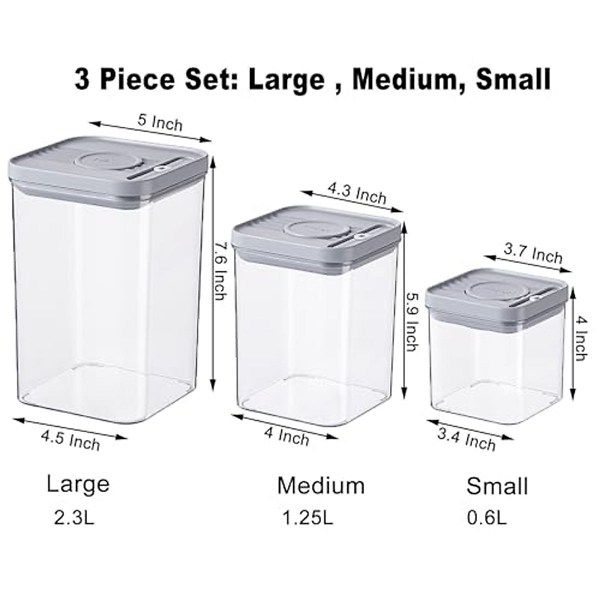 DMDFAN POP Airtight Food Storage Containers with Lids for Kitchen Pantry Organization, 3 PCS Air Tight Food Containers Set for Coffee Pasta Cereal Tea Nuts Sugar Rice (Grey)