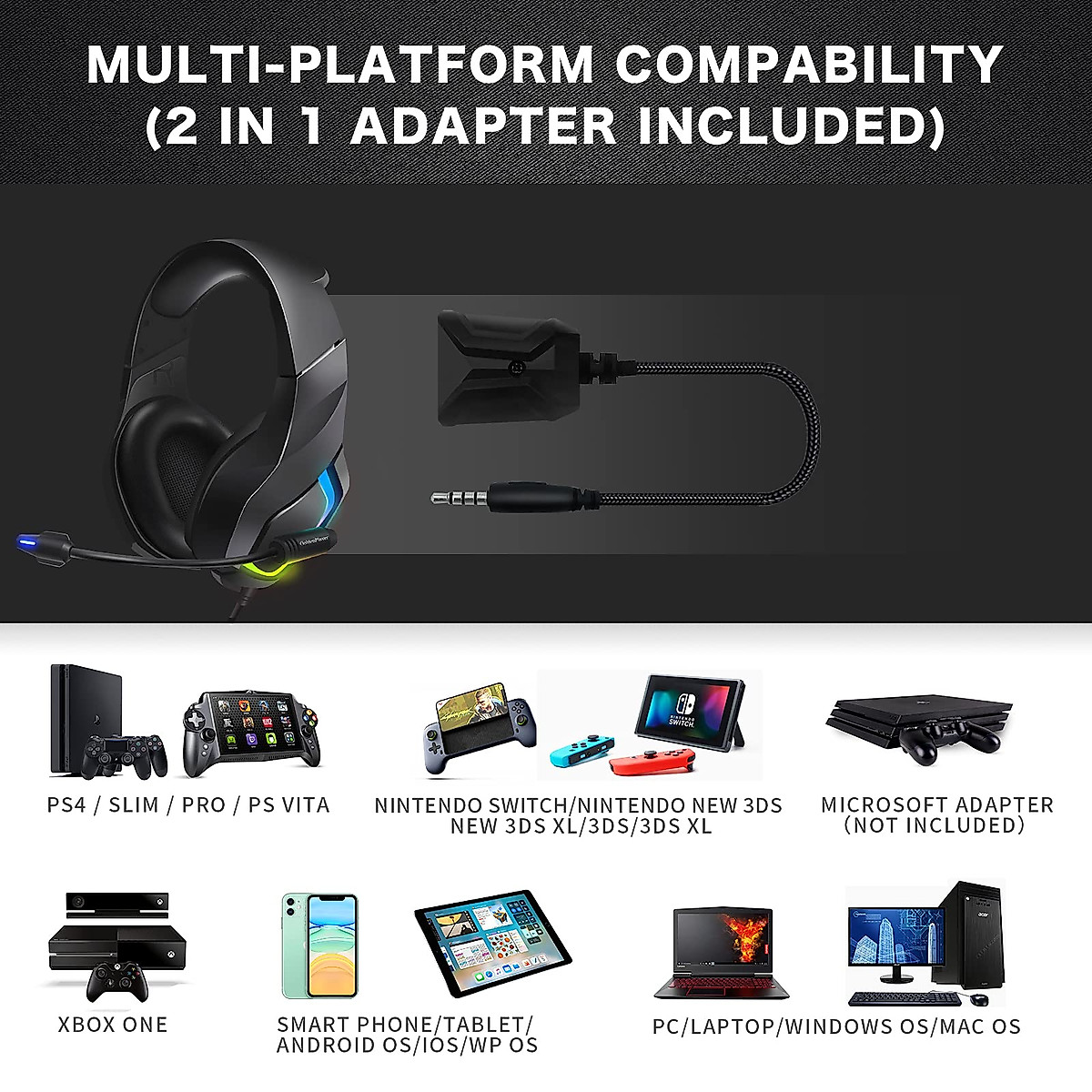 GoldenPlayer Gaming Headset with Microphone for PS5, PS4 Headset with Mic, Xbox One Headset, Gaming Headphones with mic, Wired Headsets for PC Laptop with Stereo Surround Sound & LED Light