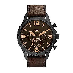 Fossil Men's Nate Quartz Stainless Steel and Leather Chronograph Watch, Color: Black, Dark Brown (Model: JR1487)