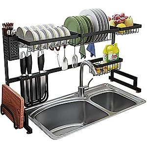 Plate Rack Dish Drainer Rack Over Sink Display Shelf Drainer Stainless Steel Kitchen Supplies Storage Shelf Utensils Holder Pan Plate Holder (Color : Black, Size : 65x32x52cm)