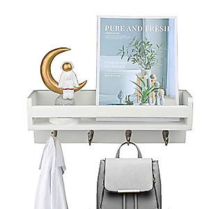 Halcent Wall Mounted Coat Rack Floating Wall Shelf, Wood Coat Hook Rack Entryway Organizer with 4 Key Holder Hooks for Magazine Letter Mail Holder