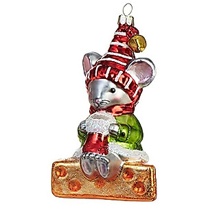 OnHoliday Glass Mouse Sitting on Cheese Christmas Tree Ornament