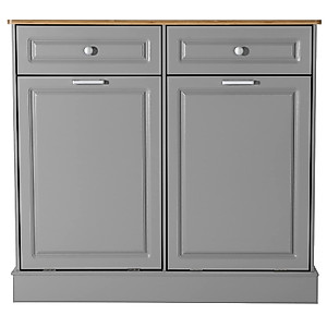 UEV Double Kitchen Trash Cabinets,Two Tilt Out Trash Cabinets with Solid Hideaway Drawers,Free Standing Wooden Kitchen Trash Can Recycling Cabinet Trash Can Holder (Grey)