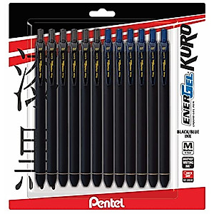 Pentel Energel 0.7 Kuro Gel Pen - Medium Line - 12 Pack Of 6 Black & 6 Blue