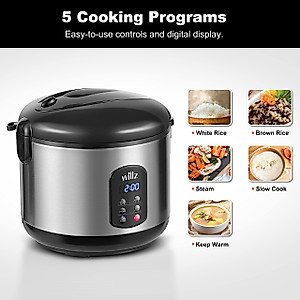 Willz Rice Cooker, Slow Cooker, Food Steamer & Warmer, 12 Cup Cooked/ 6 Cup Uncooked, with 5 Preset Programs, Non Stick Bowl & Steam Basket, Stainless Steel