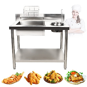 YUNLAIGOTOP Stainless Steel Work Table Fried Chicken Breading Table Commercial Food Prep Worktable Breading Table w/ 2 Basins+2 Baskets, Fried Food Prep Breader Station for Kitchen Restaurant Business