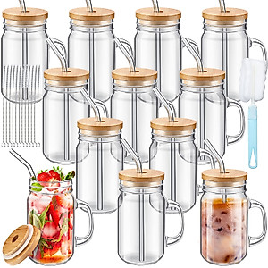 12 Set Mason Jar Cups Mason Jars with Handle Glass Cups with Lids and Straws Reusable Mason Jar Drinking Glasses Wide Mouth Mason Jar Mugs with Cup Cleaning Brush for Iced Coffee Smoothie Tea (16 oz)