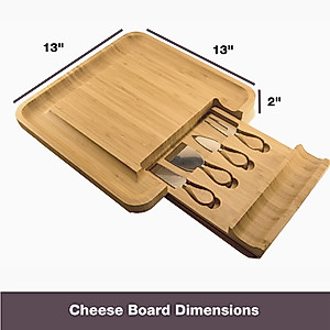 Vistal Cheese Board and Knife Set, Bamboo Charcuterie Board with Slide-Out Drawer and Stainless Steel Knives