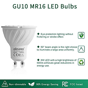 DiCUNO GU10 LED Light Bulb, 60W Halogen Bulbs Equivalent, 6W 600LM, 6000K Daylight White,100V-240V Non-dimmable GU10 Mr16 LED Bulbs, 10-Pack.