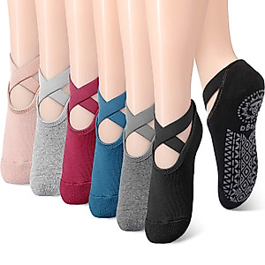 Geyoga 6 Pairs Pilates Socks for Women Barre Socks Yoga Ballet Dance Nonslip Socks with Grip Straps for Barefoot Workout(Assorted Color)