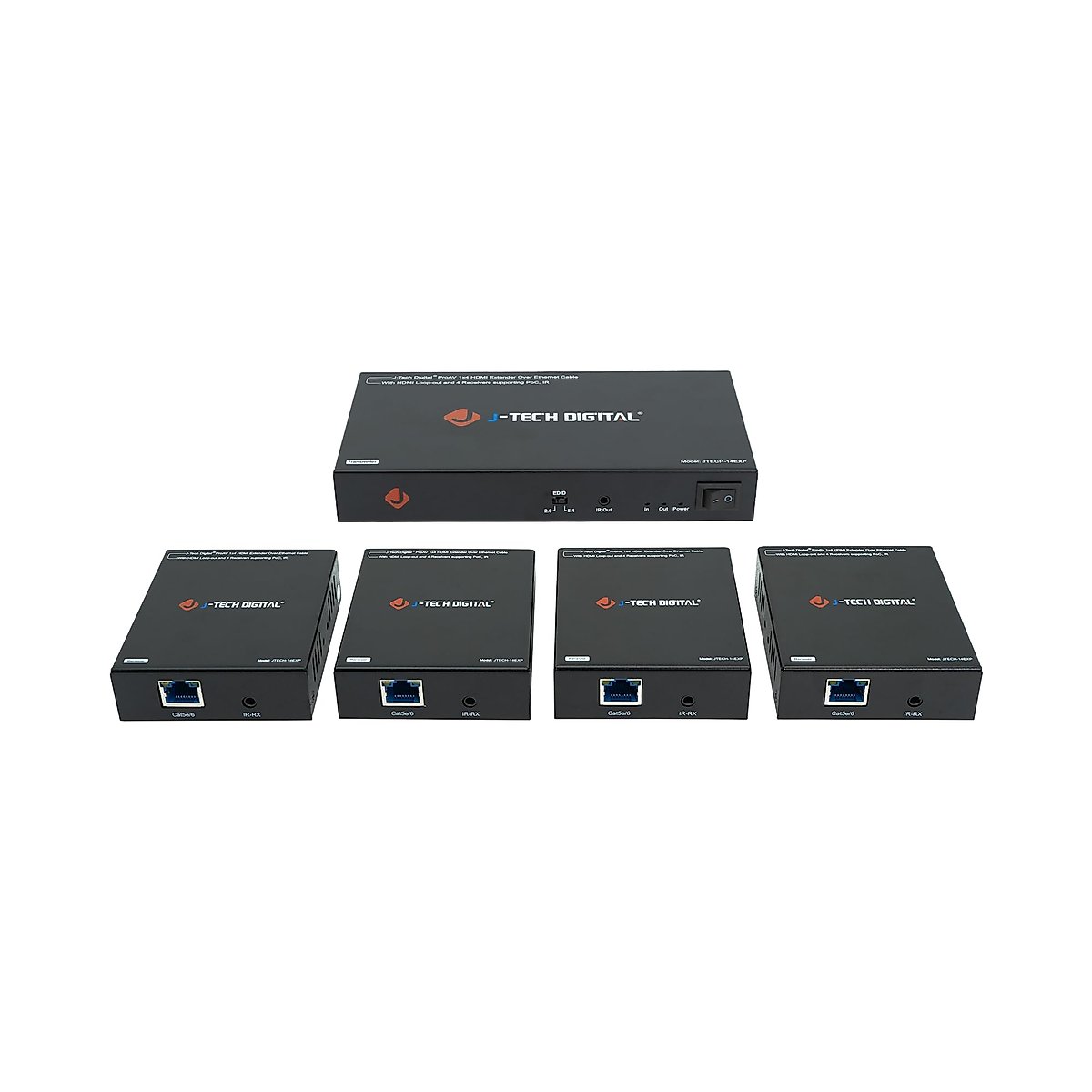 J-Tech Digital HDMI Extender Splitter 1x4 Over Single Cat5e/6 Ethernet Cable Up To 164ft. Supports PoC HDMI Loopout IR Control EDID Switch