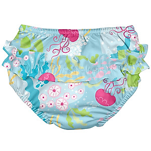 i Play by Green Sprouts Girls Reusable Absorbent Toddler Swim Diapers - Swimming Suit Bottom | No Other Diaper Necessary Aqua Coral Reef 3T