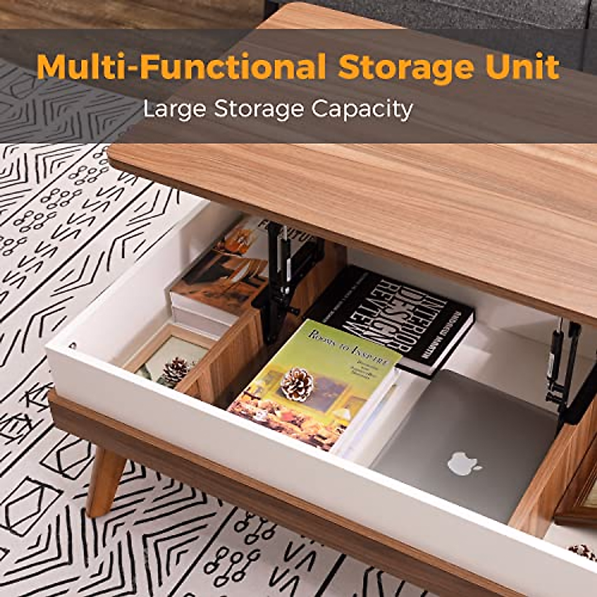 Bidiso Lift Top Coffee Table, Easy-to-Assembly Center Table with Hidden Storage Compartment, Modern Lift Tabletop Dining Table for Living Room Reception/Home Office, Walnut