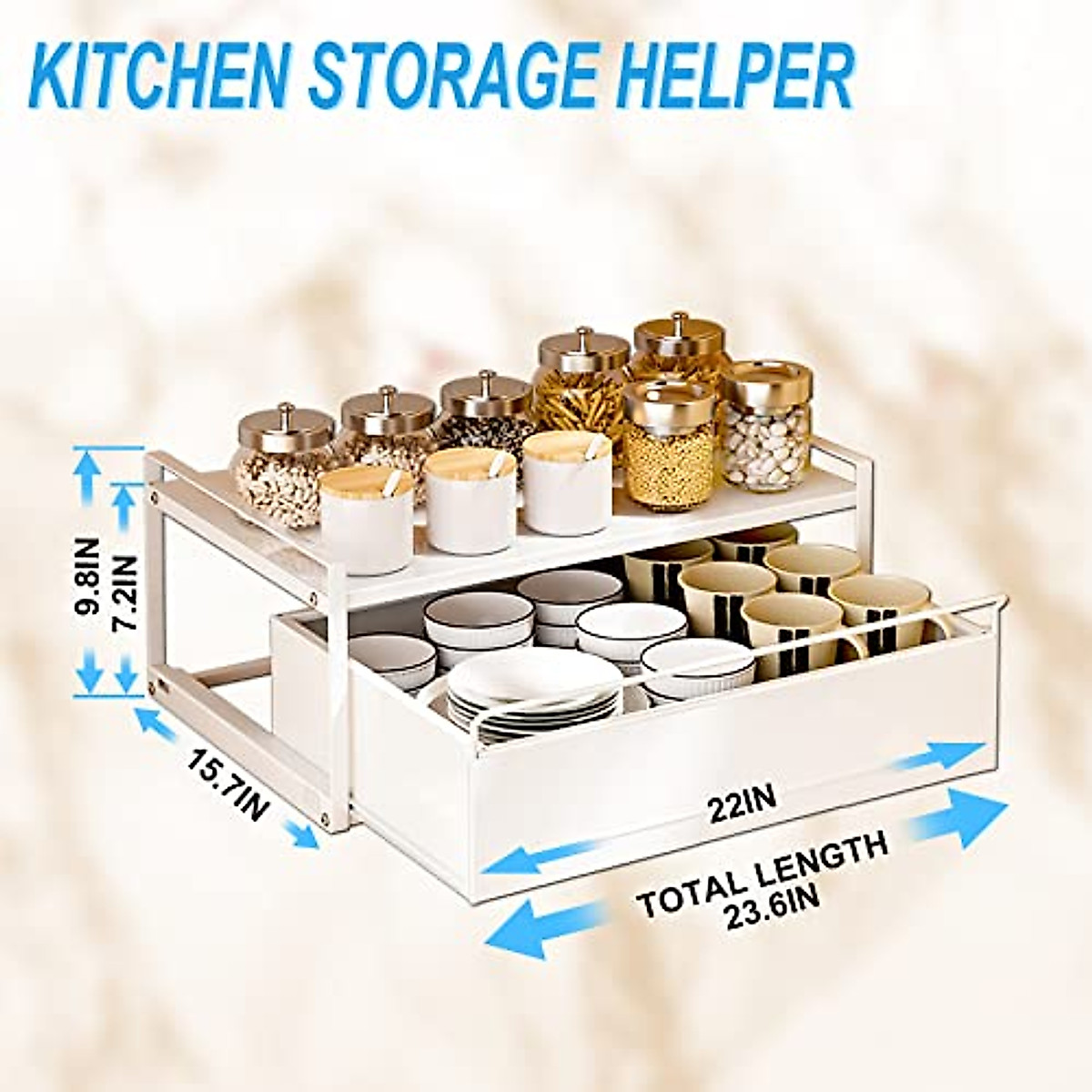 Stackable Sliding Utensils Basket Organization and Storage, Pull-able Under Cabinet Storage, Large Under Sink Organizer Drawer with Shelves for Dishes, Bowls, Seasoning Canisters and Cups(23.5''L)