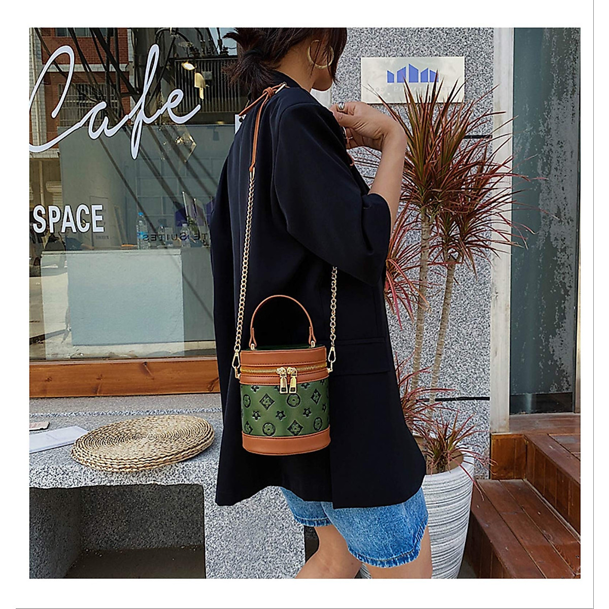Women Fashion Print Chain Shoulder Bag Cylindrical Bucket Bag Coin Purse