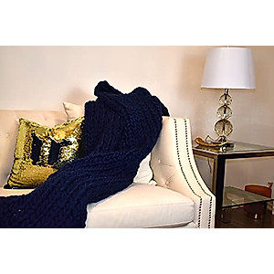 GOLD TEXTILES Chunky Knit Blanket ( 50 x 60 Inches) Warm Soft Cozy for Lounge Sofa & Bedroom, Handmade Knitted Yarn Throw Blanket (Navy Blue, 1)