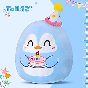 Houwsbaby 12'' Blue Happy Birthday Penguin Plush Pillow,Penguin Stuffed Animal Toy Holding a Cake,Cute Birthday Gift Decoration for Kids' Birthday Parties Boys Girls