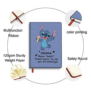 WHLBHG Stitch Gifts Ohana Gift Ohana Means Family Leather Lined Journal Notebook A5 Size Writing Notebook Funny Cartoon Movie Fans Gift Friendship Gift (Stitch Ohana blue)