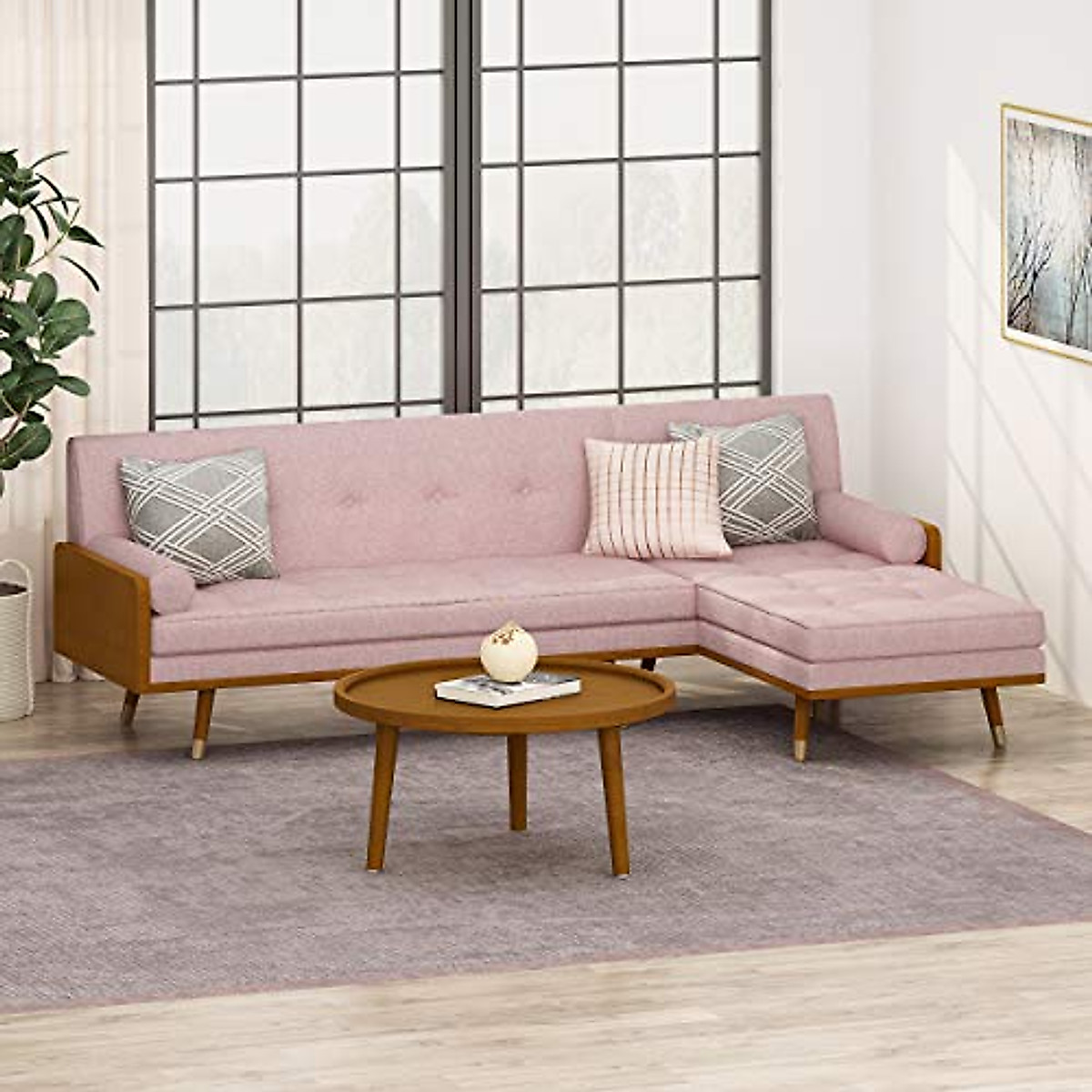 Christopher Knight Home Harriet Sectional, Light Blush, Dark Walnut