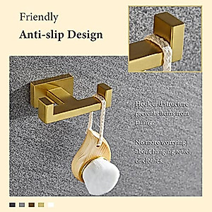 Suyar Double Towel Hook Brushed Gold, SUS304 Stainless Steel Square Coat Robe Holder, Bathroom Kitchen Towel Hanger, Wall Mounted