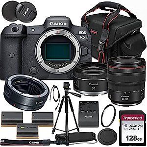 Canon EOS R5 Full Frame Mirrorless Camera with RF 24-105mm & RF 50mm F/1.8 Lens Bundle + Canon EOS R Mount Adapter + 128GB Memory Card + Accessories Including 2X Extra Batteries, Case and Tripod