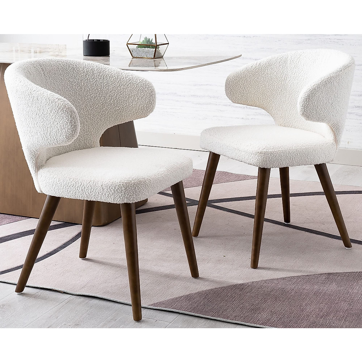 VESCASA Sherpa Modern Dining Chairs with Wood Legs, Upholstered Curved Back Side Chairs for Dining Room/Living Room, Set of 2, White