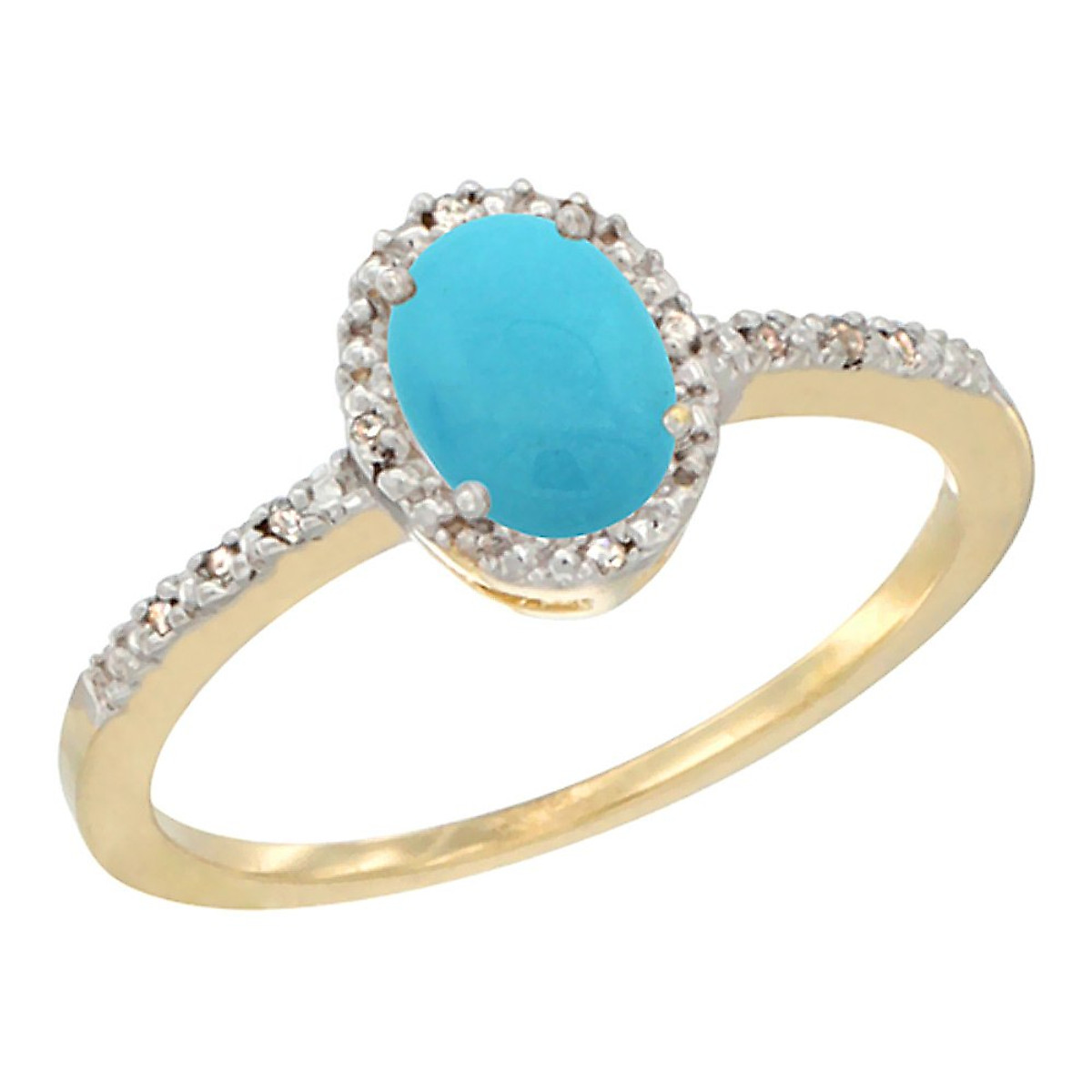 14K Yellow Gold Diamond Natural Turquoise Engagement Ring Oval 7x5 mm, size 8