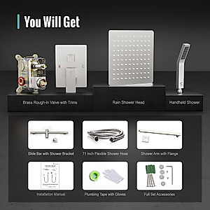 SR SUN RISE 12 Inch Square Shower System, Rain Shower Head and Slide Bar Handheld Shower Faucet Wall Mounted Combo Set Included Valve and Trim Kit for Bathroom, Brushed Nickel