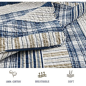 YUMIYUSHI Quilt Queen Size - Cotton Striped Queen Quilt Set,Navy Blue Tan White Plaid Queen Quilt Bedding Set ，Farmhouse Bedspreads Lightweight Reversible 3 Piece