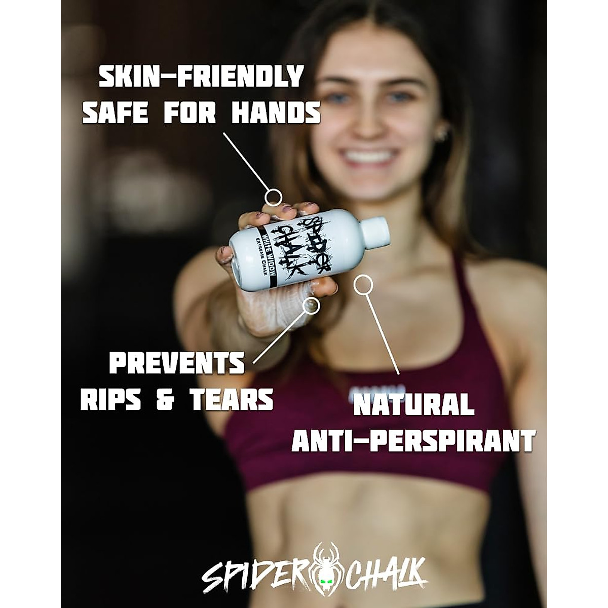 SPIDER CHALK 8oz White Widow Extreme Liquid Chalk, Dry Hands, Better Grip for Gym, Powerlifting, Weightlifting - Skin Friendly, Made in The USA