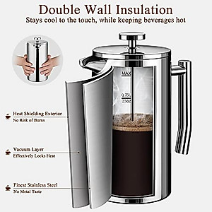 BAYKA French Press Coffee Tea Maker 34oz, 304 Stainless Steel Insulated Coffee Press with 4 Filter Screens, Milk Frother, Rust-Free, Dishwasher Safe, Silver