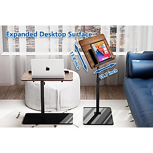 PzewMo C Shaped End Table,20" W x 14" L,17"-31" Adjustable Height,Swivel and Turnable Desktop,Foldable Side Table for Small Spaces,Black Walnut