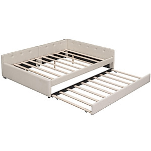 SOFTSEA Queen Upholstered Daybed with Trundle, Modern Corner Daybed with USB Ports & Twin Trundle Bed, Linen Fabric Floor Sofa Bed Frame with Low Backrest for Kids Teens Adults, Beige