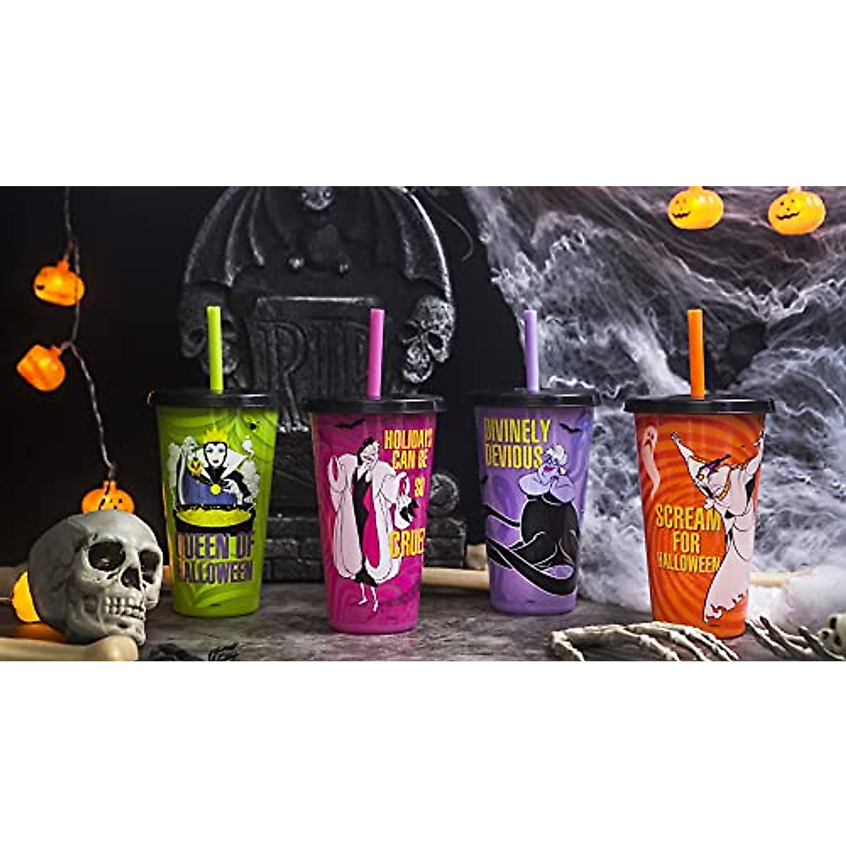 Zak Designs Disney Villains Halloween Glow in the Dark Tumbler Set with Lid and Straw for Cold Drinks, Funny Cups Made of Durable and Reusable Plastic, Great Gift for Fans (25 oz, Set of 4)