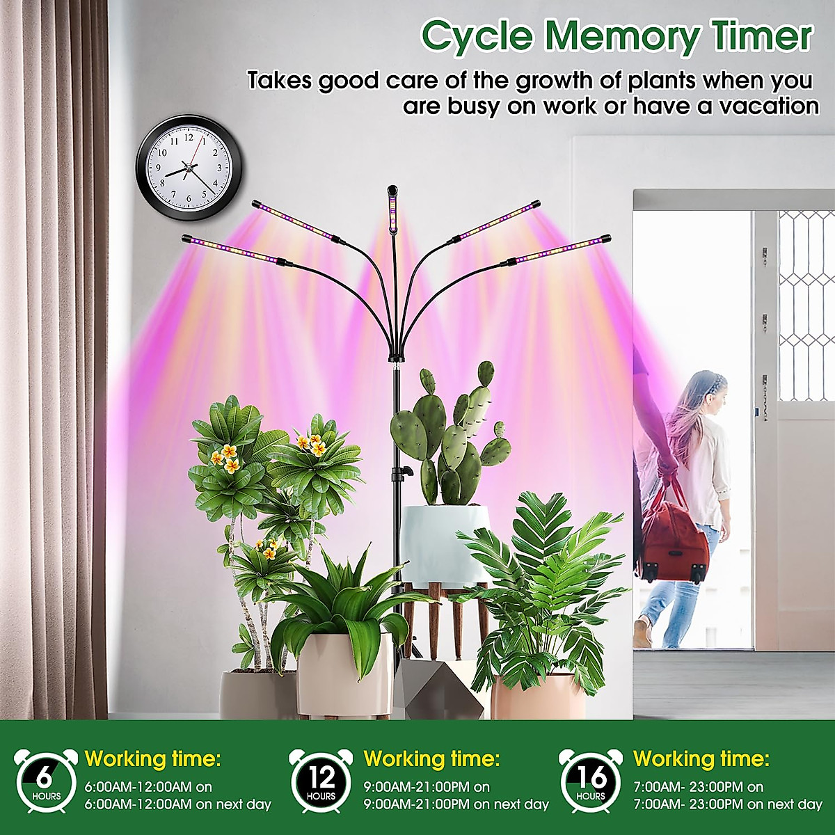 Wolezek Grow Lights for Indoor Plants, Full Spectrum LED Plant Grow Light with Adjustable Stand and Sturdy Clip, 5-Heads Plant Light with Auto 6/12/16H Timer, 3 Light Modes, 5 Levels Dimmable