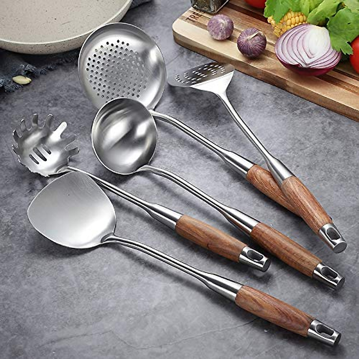 5-Piece Cooking Kitchen Utensil Set Kitchen Tool Set,304 Stainless Steel, Wood Handle, Kitchenware Accessory
