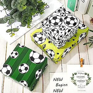 AnyDesign Football Wrapping Paper Sports Soccer Print Gift Wrap Paper Bulk Folded Flat Green White Black Football Art Paper for Theme Birthday Party Season Games Gift Wrapping, 19.7 x 27.6, 8 Sheet