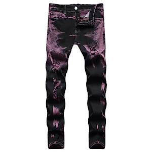 Men's Retro Ripped Slim Jeans Regular Fit Destroyed Distressed Jean Vintage Straight Stretch Printed Denim Pants (Purple,28)