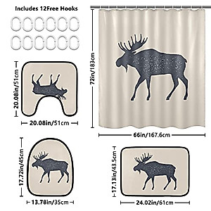 Oyihfvs Moose Wild Deer Silhouette Isolated 4 Pcs Shower Curtain with Matching Doormat Sets, Bath Curtain with Rugs(Bath Mat, U Shape Mat, Toilet Lid Cover Mat) with Hooks