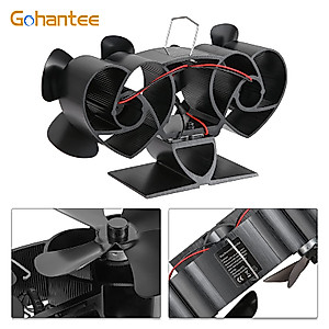 gohantee Dual Head 8 Blades Fireplace Fan Heat Powered Wood Stove Fan Heat Distribution for Wood Log Burner Fireplace Slient Eco Friendly More Effective for Large Room with Stove Thermometer