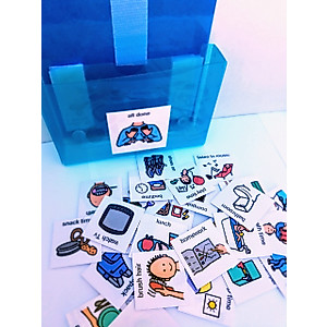 Kids Plastic or Laminated Visual Schedule Calendar Chart for Home, School, Centers, Photo Cards: Chores, Reinforcers, School, Behavior (One Strip Blue Schedule, Laminated/Cartoon 60 Home Cards)