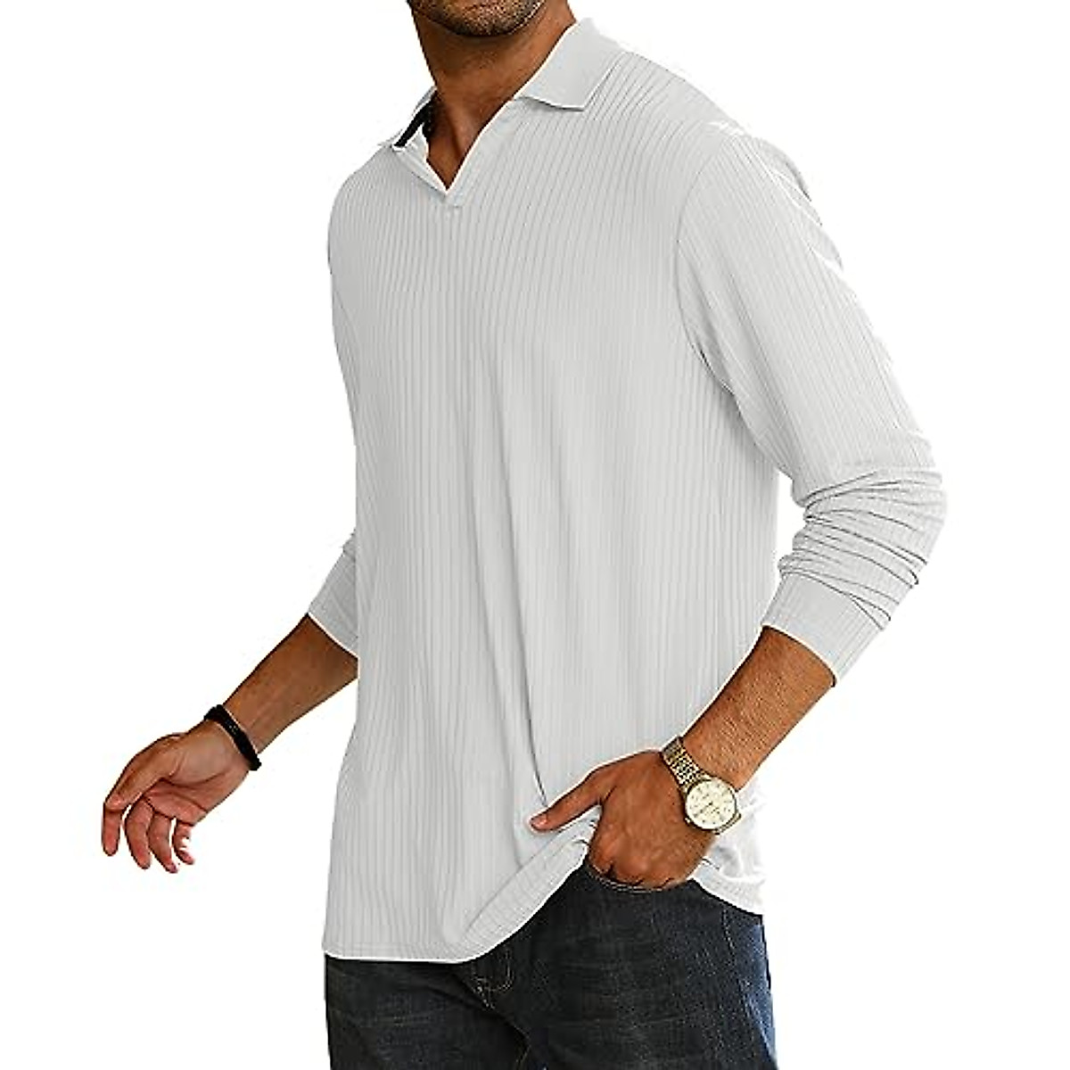 Lexiart Mens V Neck Polo Shirts Casual Long Sleeve Slim Fit Golf T-Shirts Cotton Top Tees White