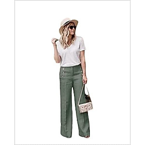 DDFS Linen Pants for Women, Summer Drawstring High Waist Linen Pants Women Wummer Cotton Linen Palazzo Pants(XL) Green