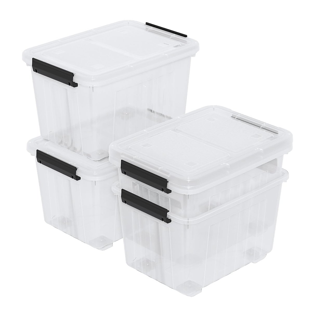 Zopnny 30 Quart Plastic Stacker Box, Large Storage Bin Container with Latching Lids and Wheels for Home and Garage Organizing, Shoes, Tools, Clear Base, 4-Pack