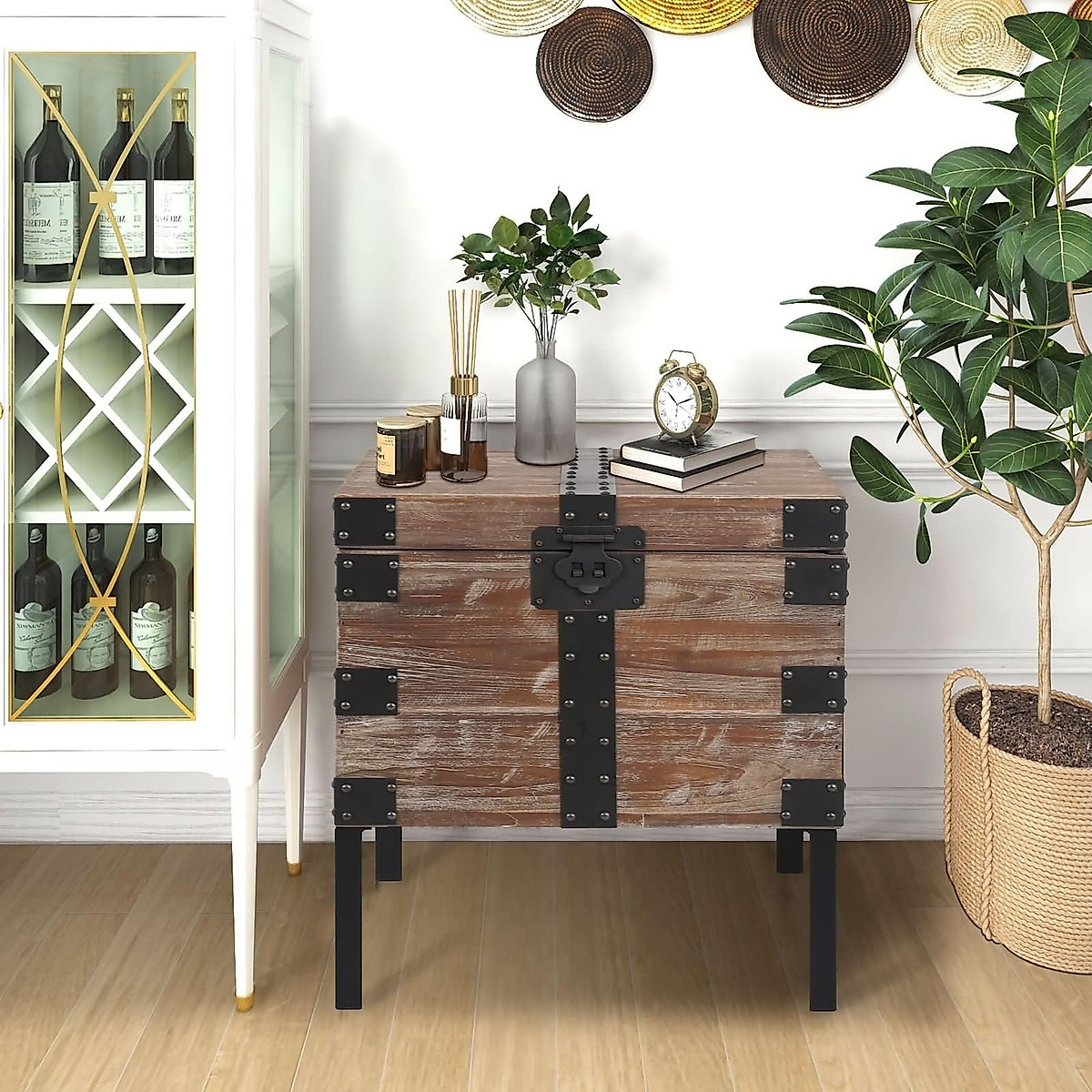 Mesnt Storage Cabinet for Bedroom, Antique Wood Gray Trunk Table and Side Table with Large Storage Dress Up Your Living Room