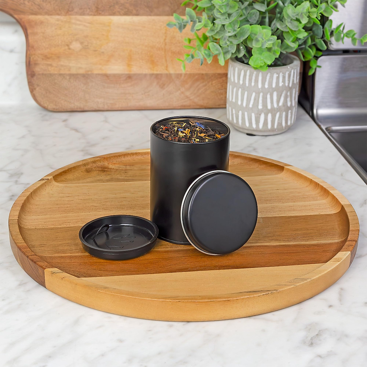 Double Seal Tea Canisters (6-Pack); Black Metal Round Tea Tins w/ Interior Molded Plastic Seal